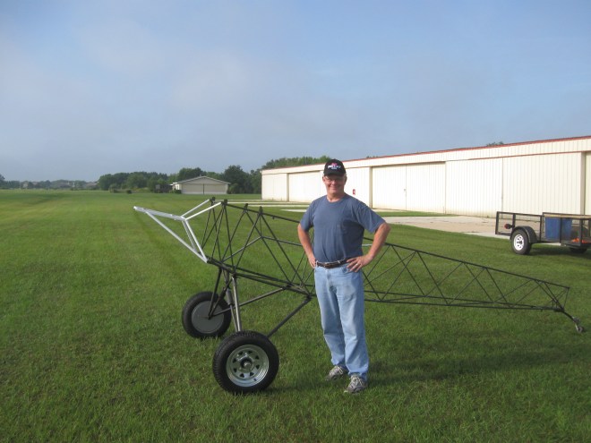 Steel tube Pietenpol fuselage with landing gear and 12 x 4.8″ tires.